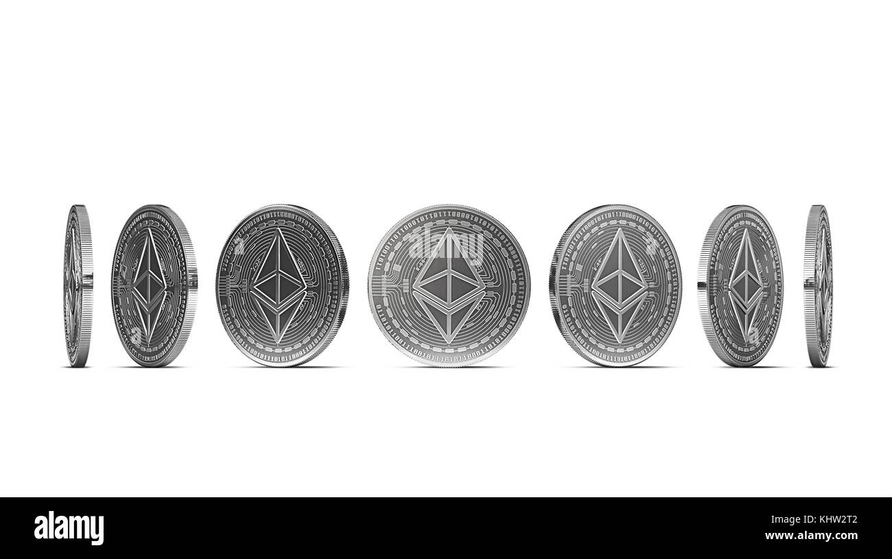 Silver Ethereum coin shown from seven angles isolated on white ...