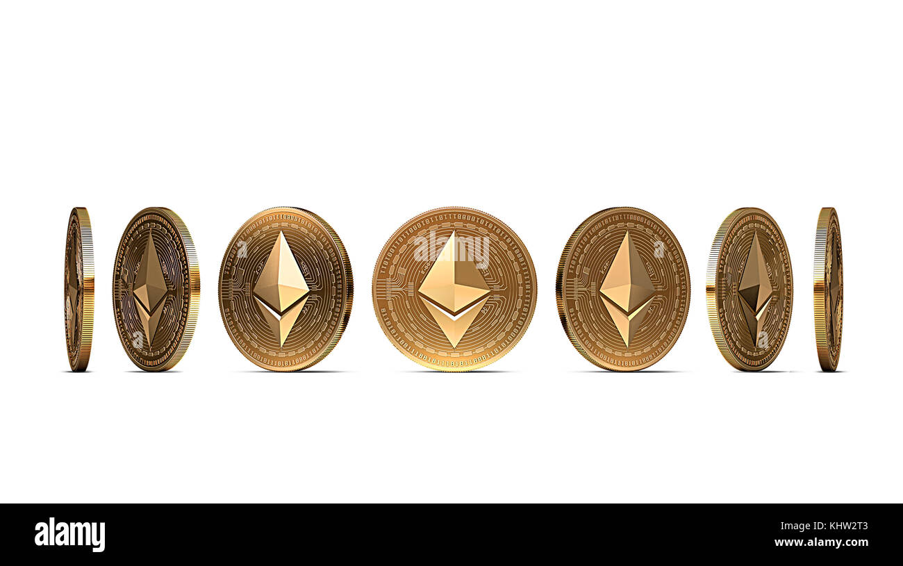 Golden Ethereum coin shown from seven angles isolated on white ...