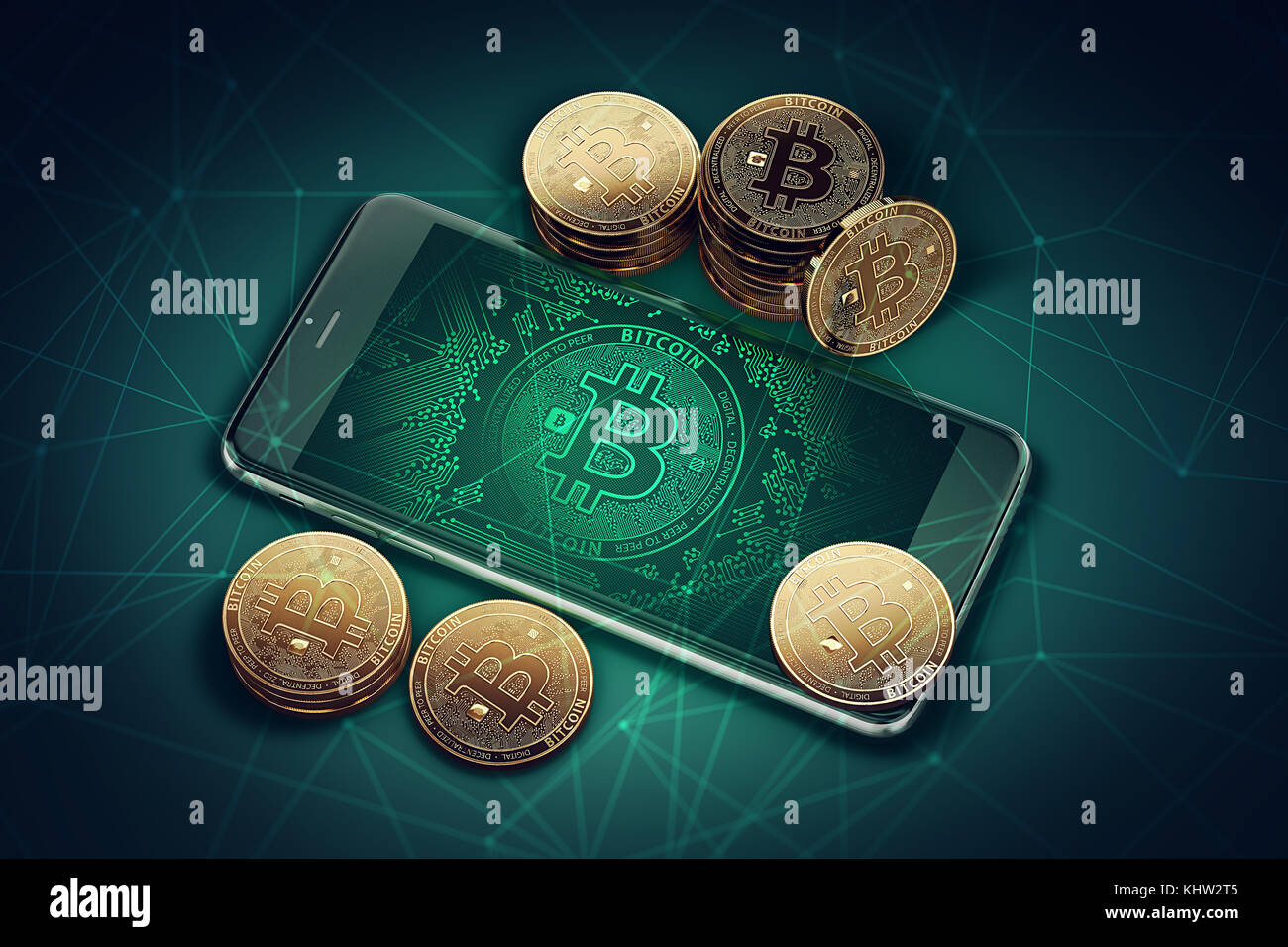 Smartphone with Bitcoin symbol on-screen and stack of golden Bitcoins ...