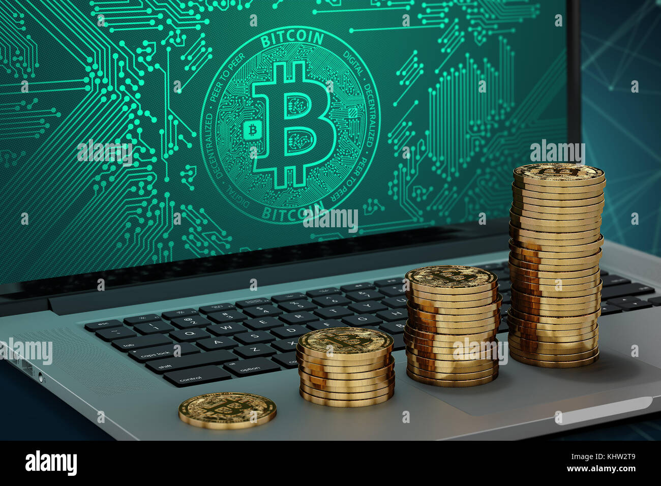 Laptop with Bitcoin logo on-screen and growing piles of golden Bitcoin ...