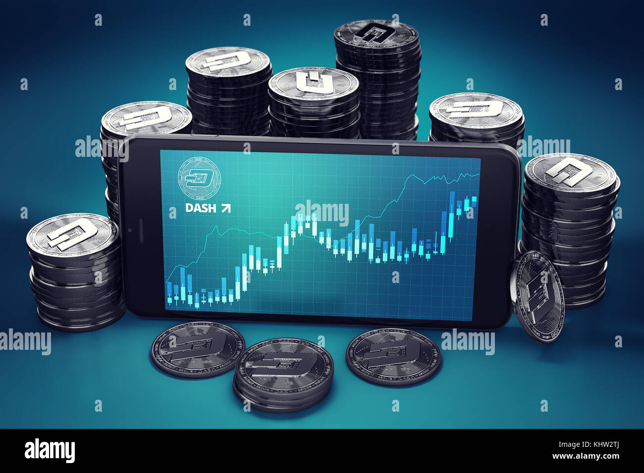 Smartphone with Ethereum Dashcoin growth chart on-screen among piles of ...