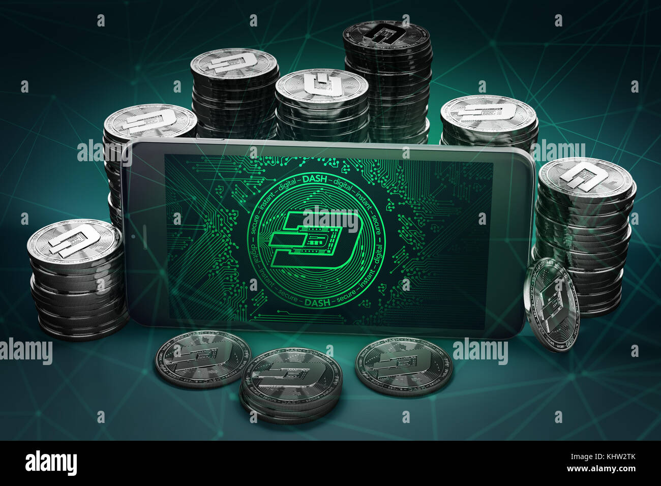 Dashcoin symbol on-screen among piles of Dash coins. 3D rendering Stock ...