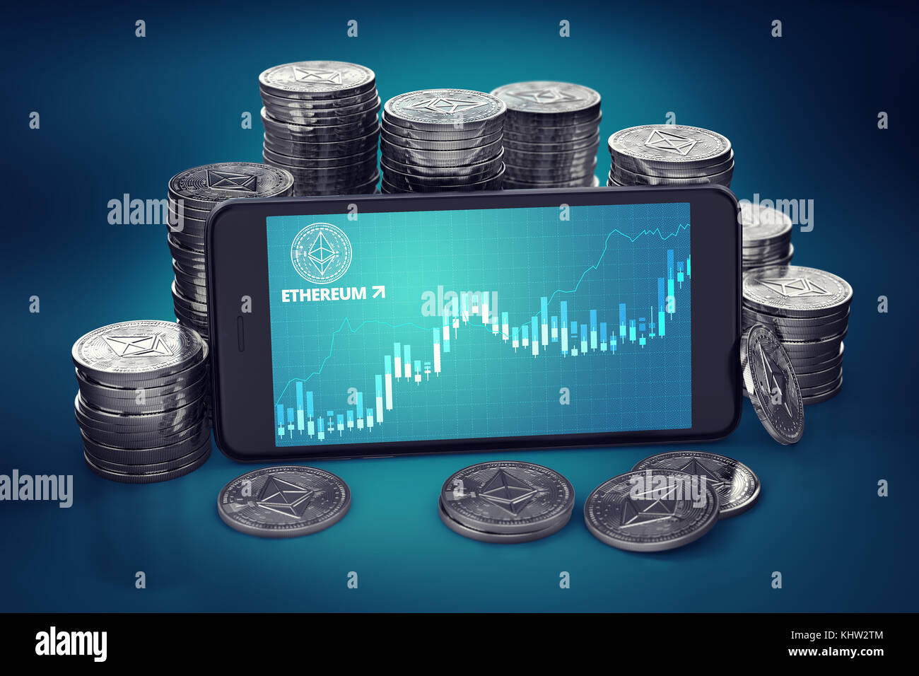 Smartphone with Ethereum growth chart on-screen among piles of Ether ...
