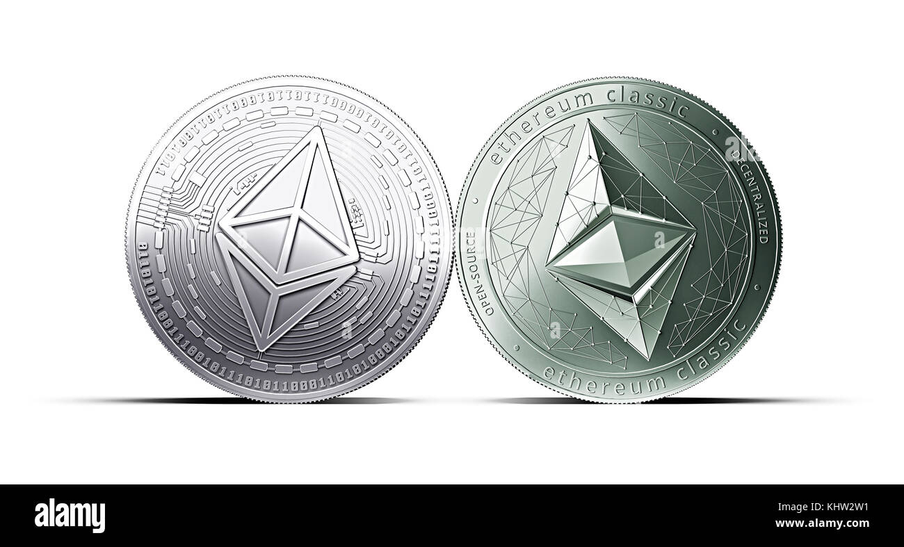 Clash of Ethereum and Ethereum classic coins isolated on white ...