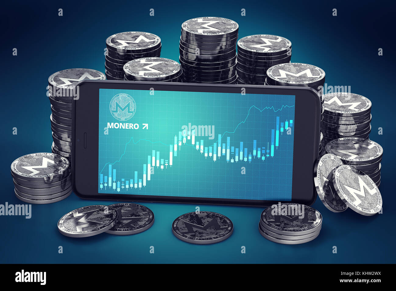 Smartphone with Monero growth chart on-screen among piles of Monero ...