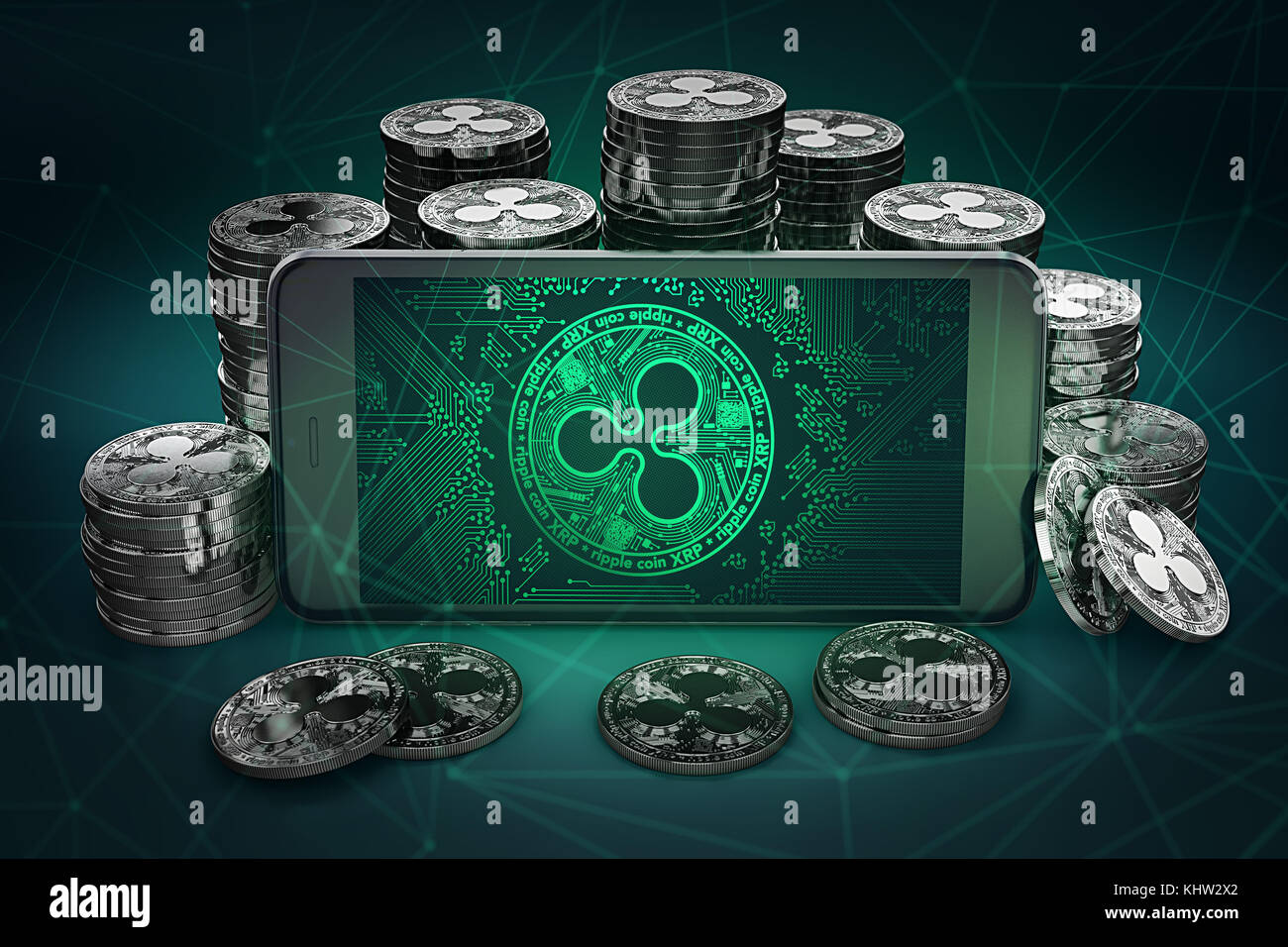 Ripple coin symbol on-screen among piles of Ripple coins. 3D rendering ...