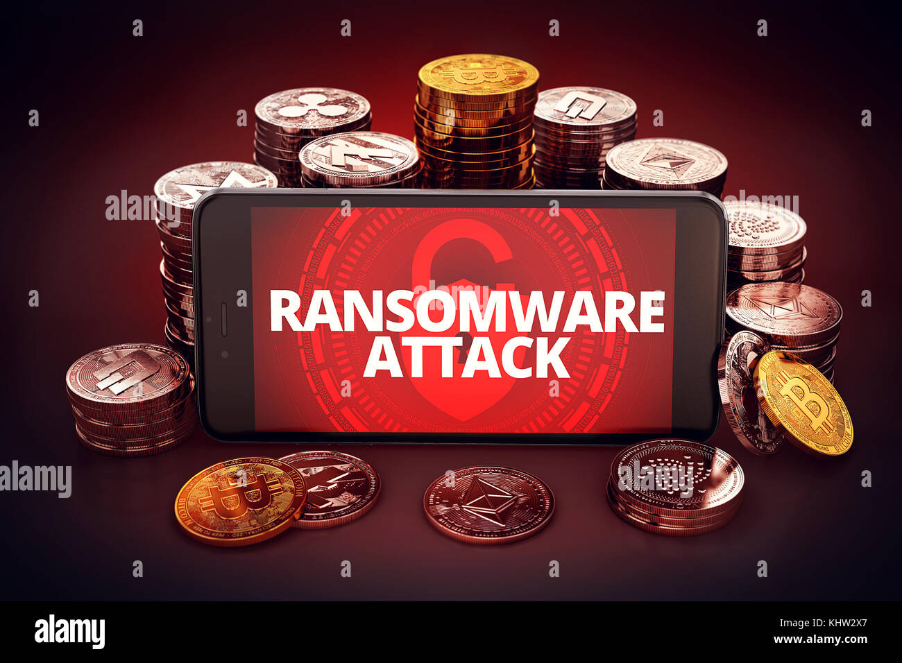 Ransomware attack warning displayed on smartphone screen. Surrounded by ...