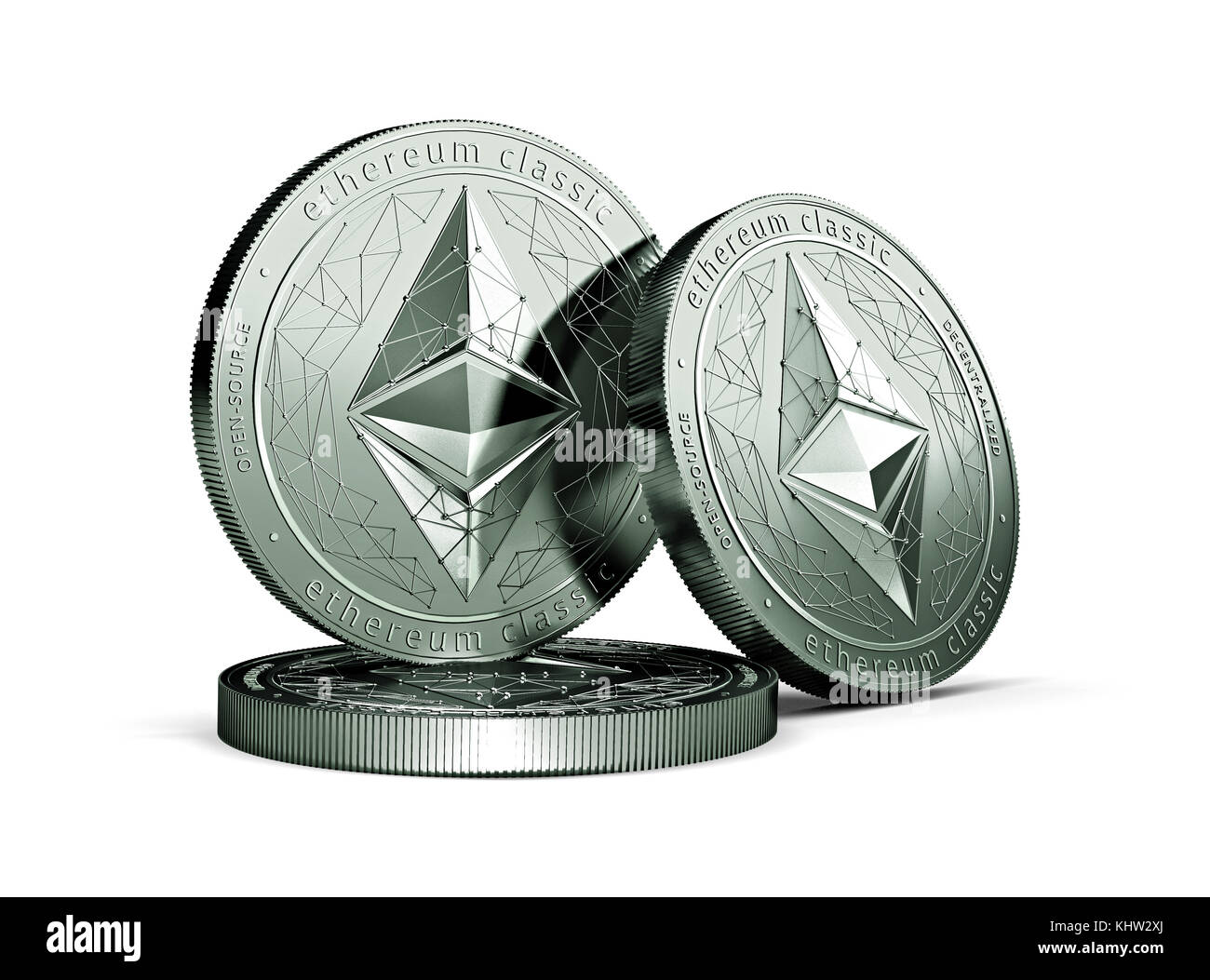 3 Ethereum classic (ETC) physical concept coins isolated on white ...