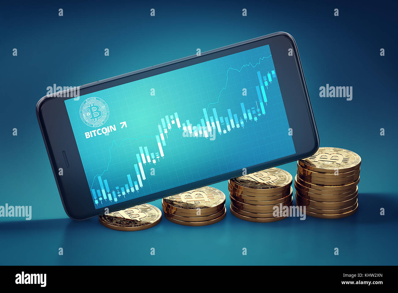 Smartphone with Bitcoin surge chart on-screen laying on growing piles ...