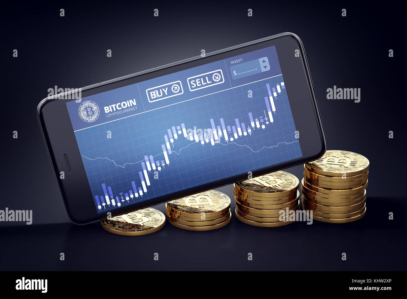 Smartphone with Bitcoin chart on-screen laying on growing piles of ...