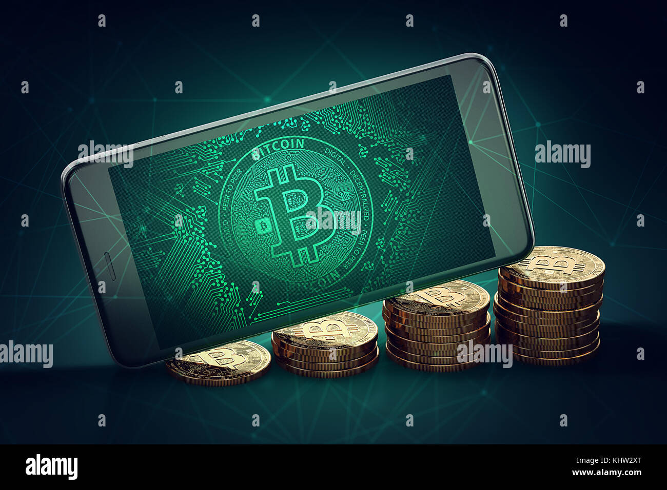 Smartphone with Bitcoin symbol on-screen laying on growing piles of ...