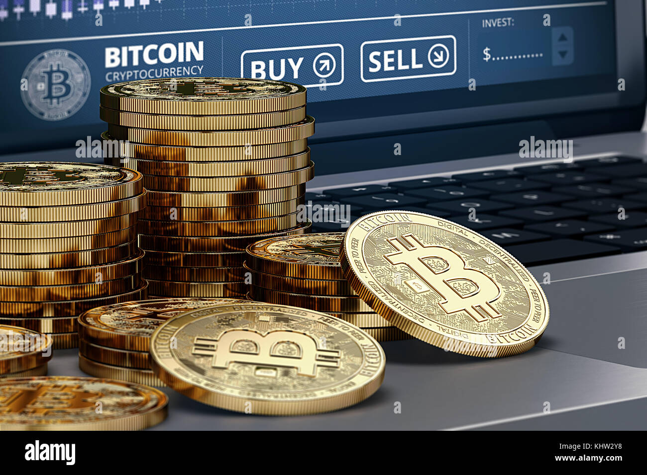 Close-up shot on Bitcoin piles laying on computer with trading chart on ...