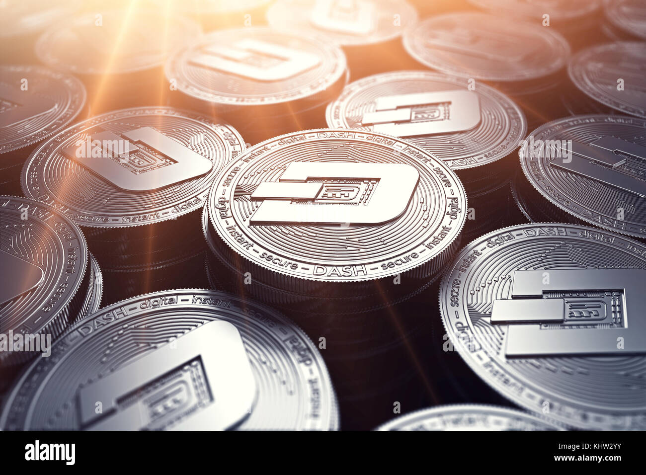 Dash coins in blurry closeup with sunburst from above. Dash coin growth ...