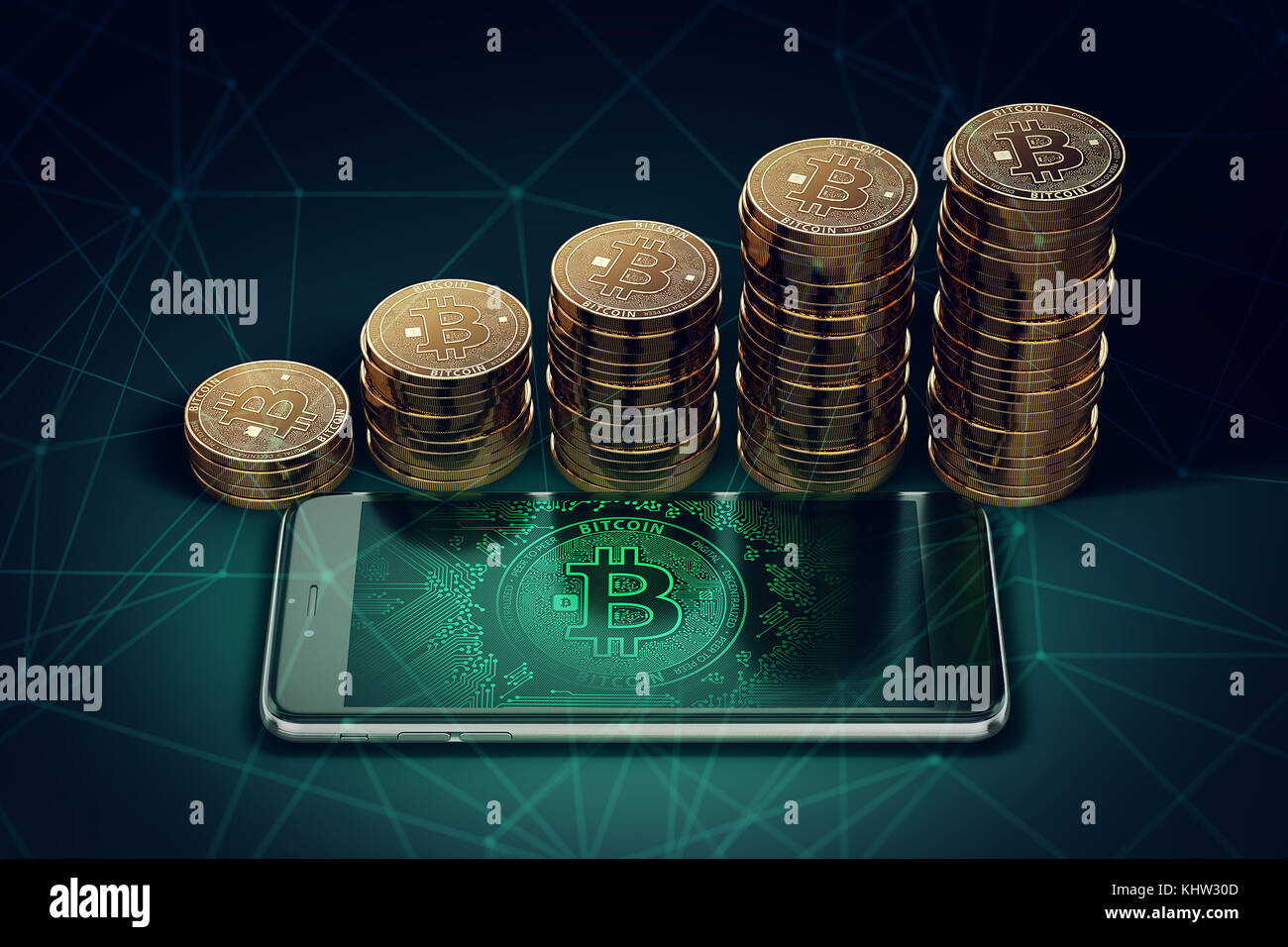 Smartphone with Bitcoin symbol on-screen and growing piles of golden ...