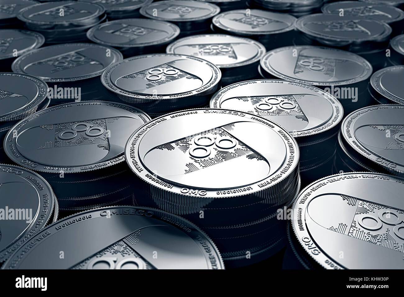 Piles of OMISEGO (OMG) coins. 3D rendering (new virtual money Stock ...