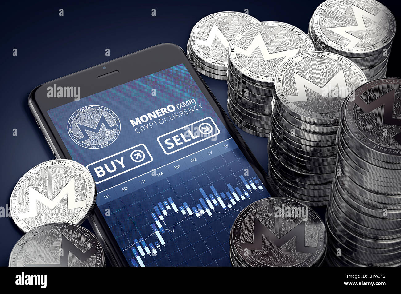 Smartphone with Monero trading chart on-screen among piles of silver ...