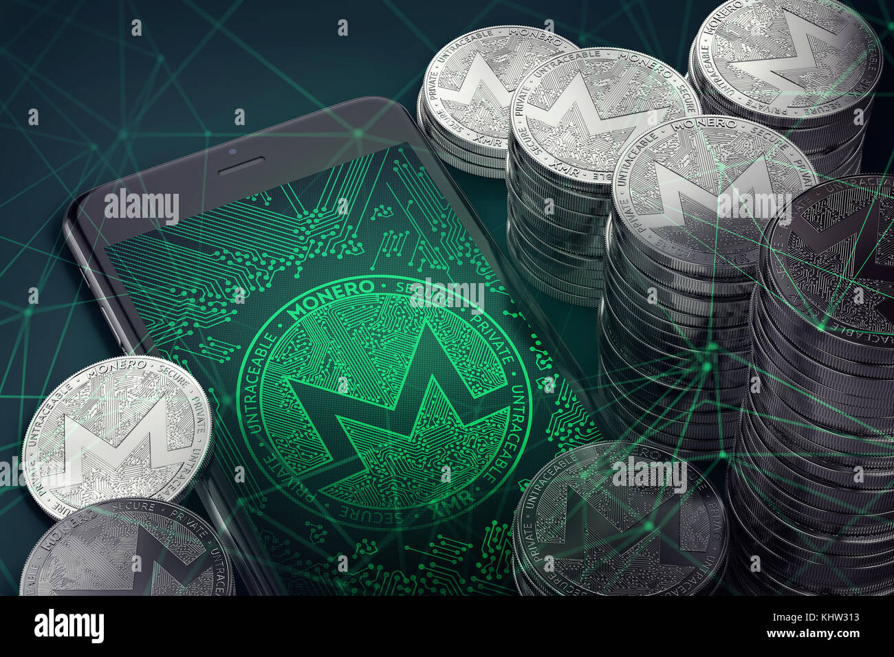 Smartphone with Monero symbol on-screen among piles of Monero. Monero ...