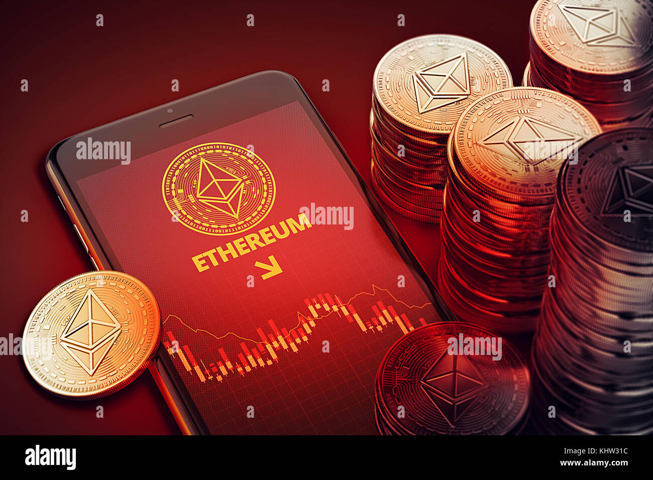 Smartphone with Ethereum decline chart symbol on-screen among piles of ...