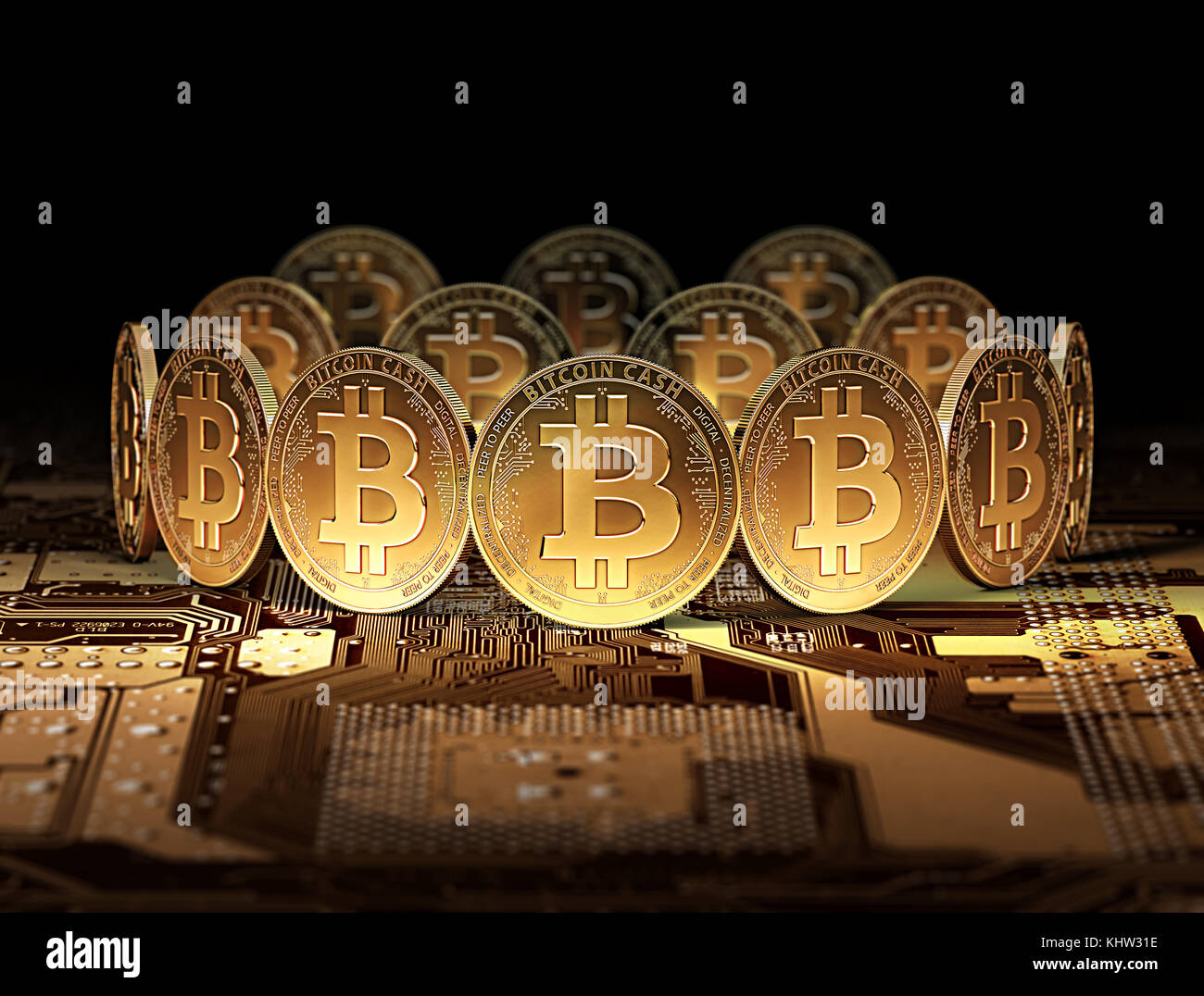 New Bitcoin Cash after Bitcoin split standing on motherboard. 3D ...