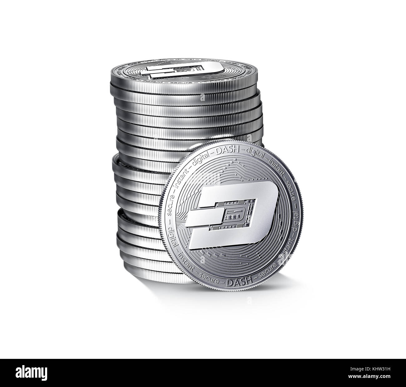 Pile or stack of silver Dash coins isolated on white background. One ...