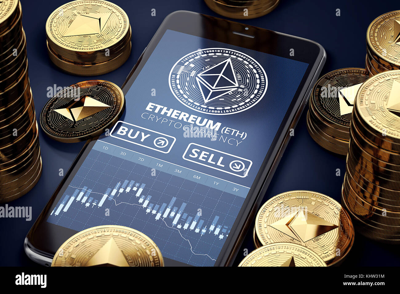 Smartphone with Ethereum trading chart on-screen among piles of golden ...