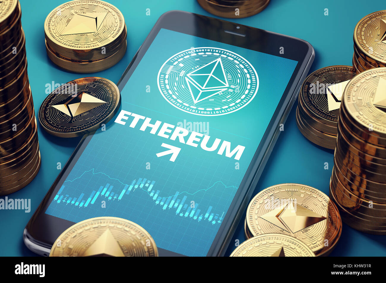 Smartphone with Ethereum growth chart on-screen among piles of golden ...
