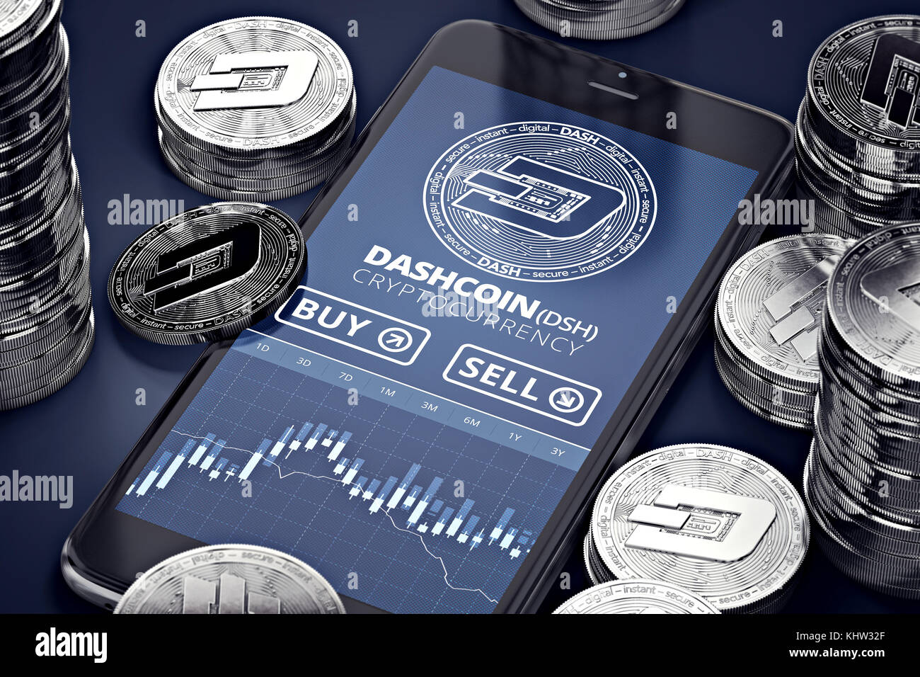 Smartphone with Dashcoin trading chart on-screen among piles of silver ...