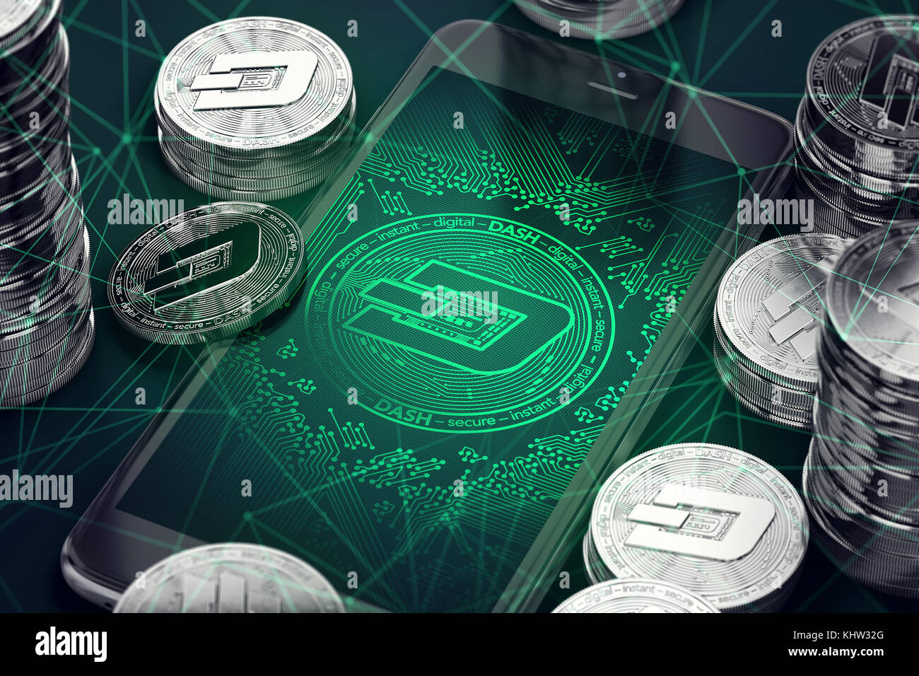 Smartphone with Dashcoin symbol on-screen among piles of Dashcoin ...
