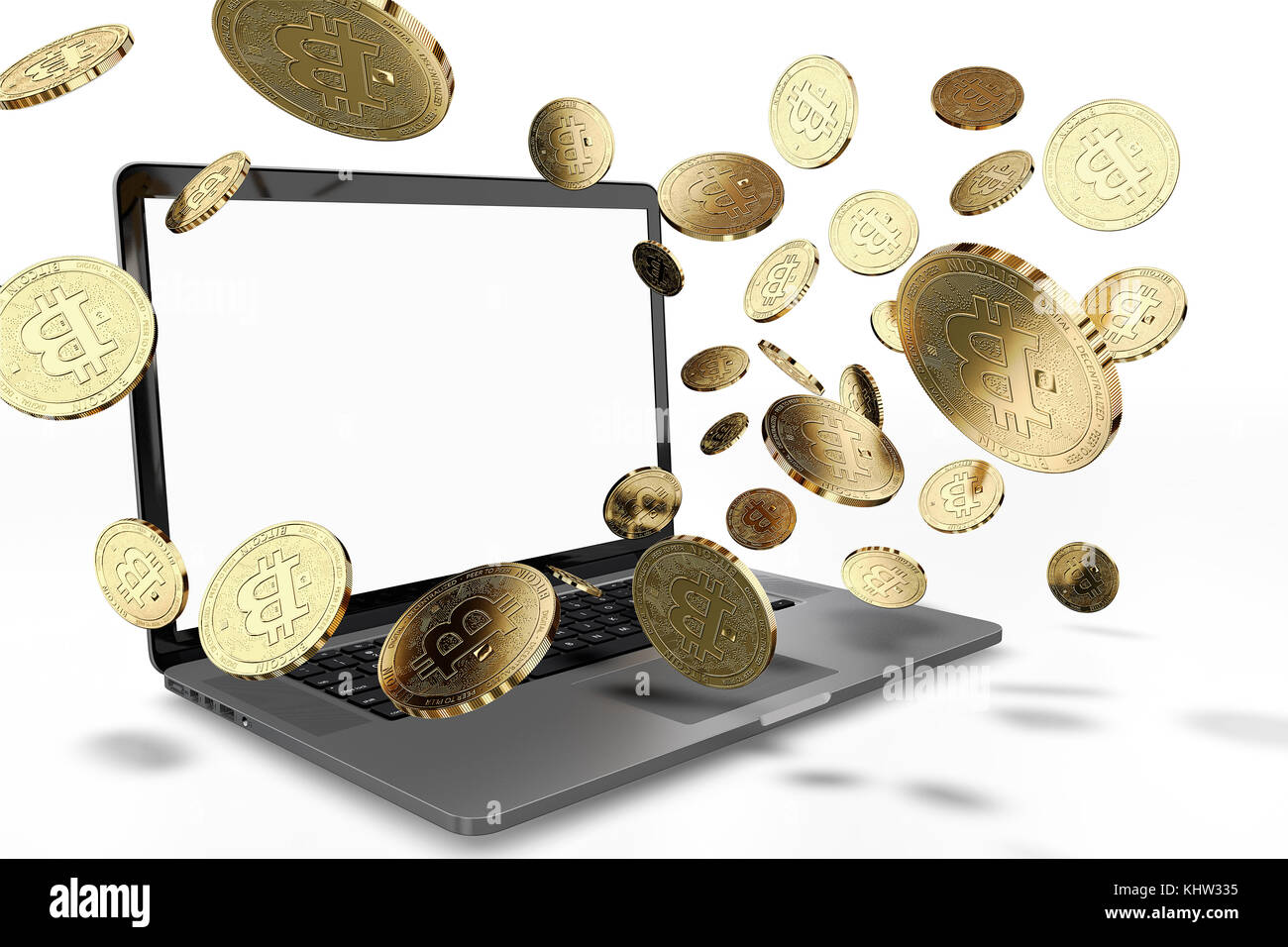 Bitcoin coins jumping off computer, with empty copy space on-screen ...