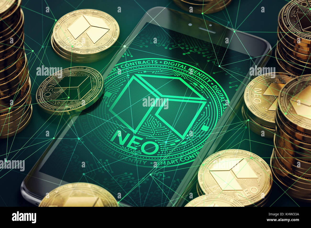 Smartphone with NEO symbol on-screen among piles of golden NEO coins ... Smartphone with NEO symbol on-screen among piles of golden NEO coins ...