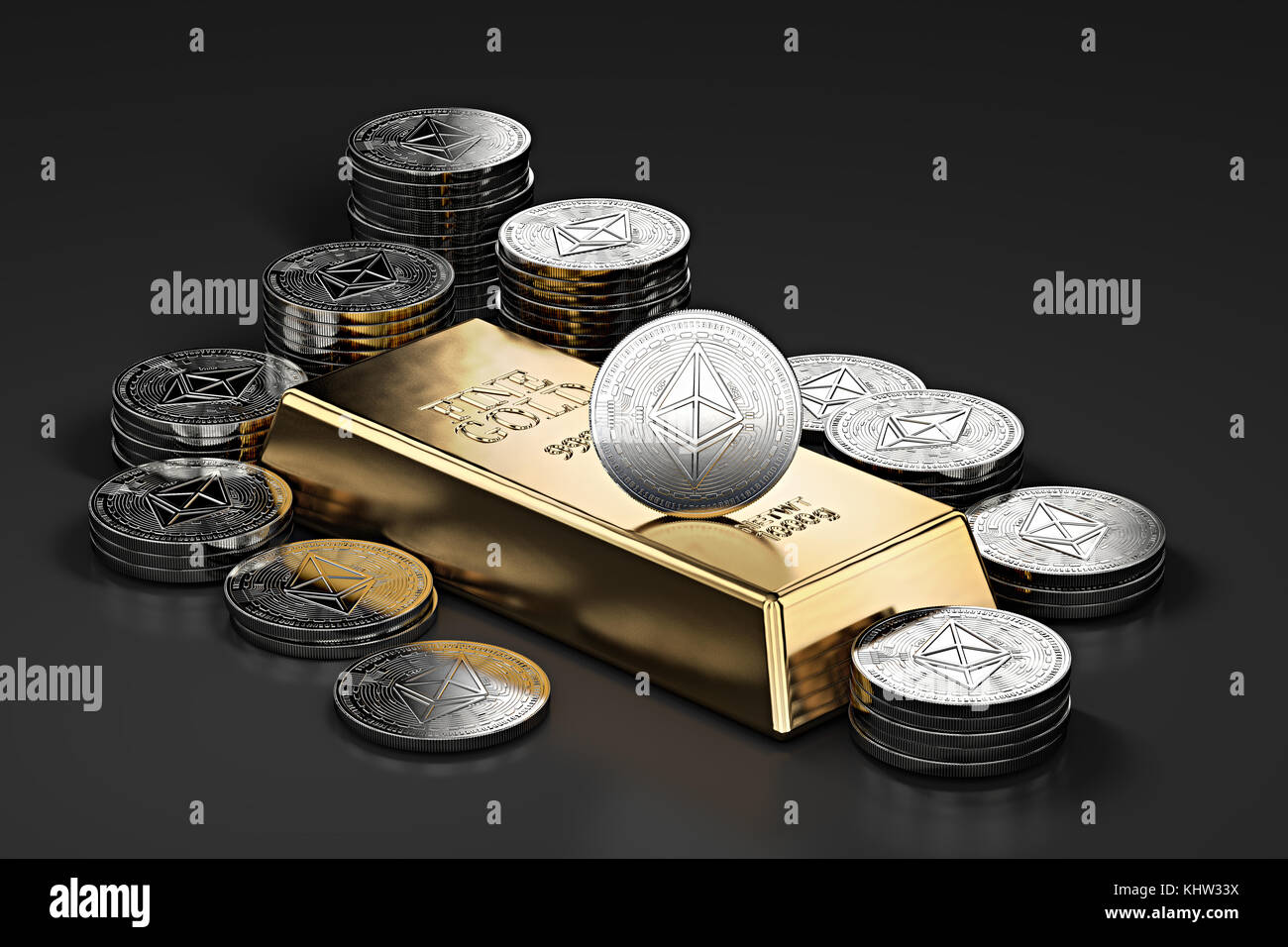 Big stack of golden Ethereum coins and gold bar (gold ingot). Ethereum ...
