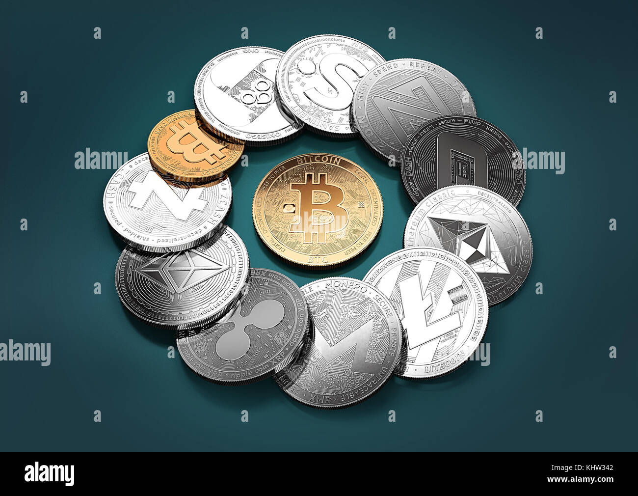 Different cryptocurrencies in a circle with a golden bitcoin in the ...