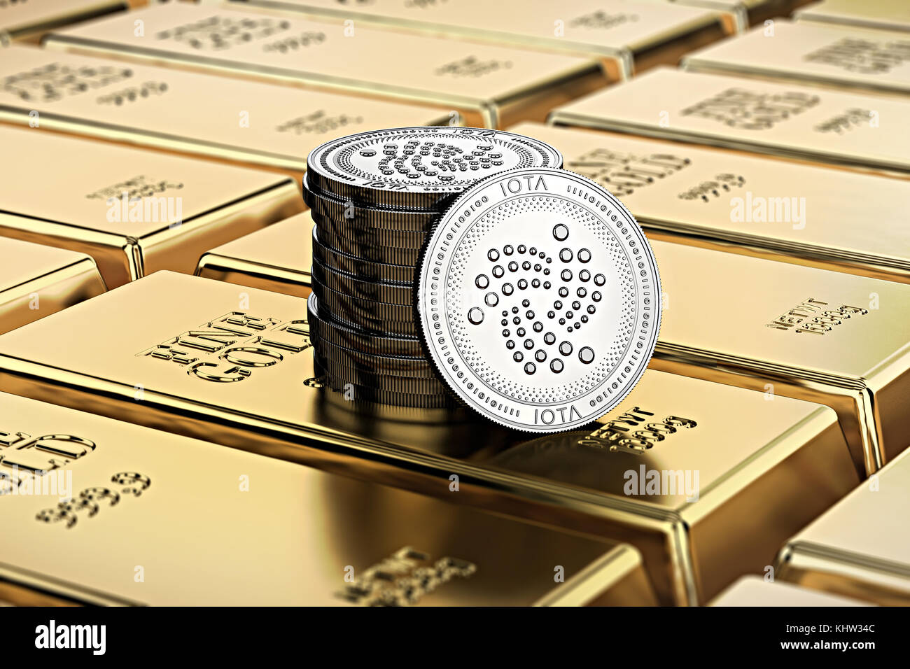 IOTA coins laying on stacked gold bars (gold ingots) rendered with ...