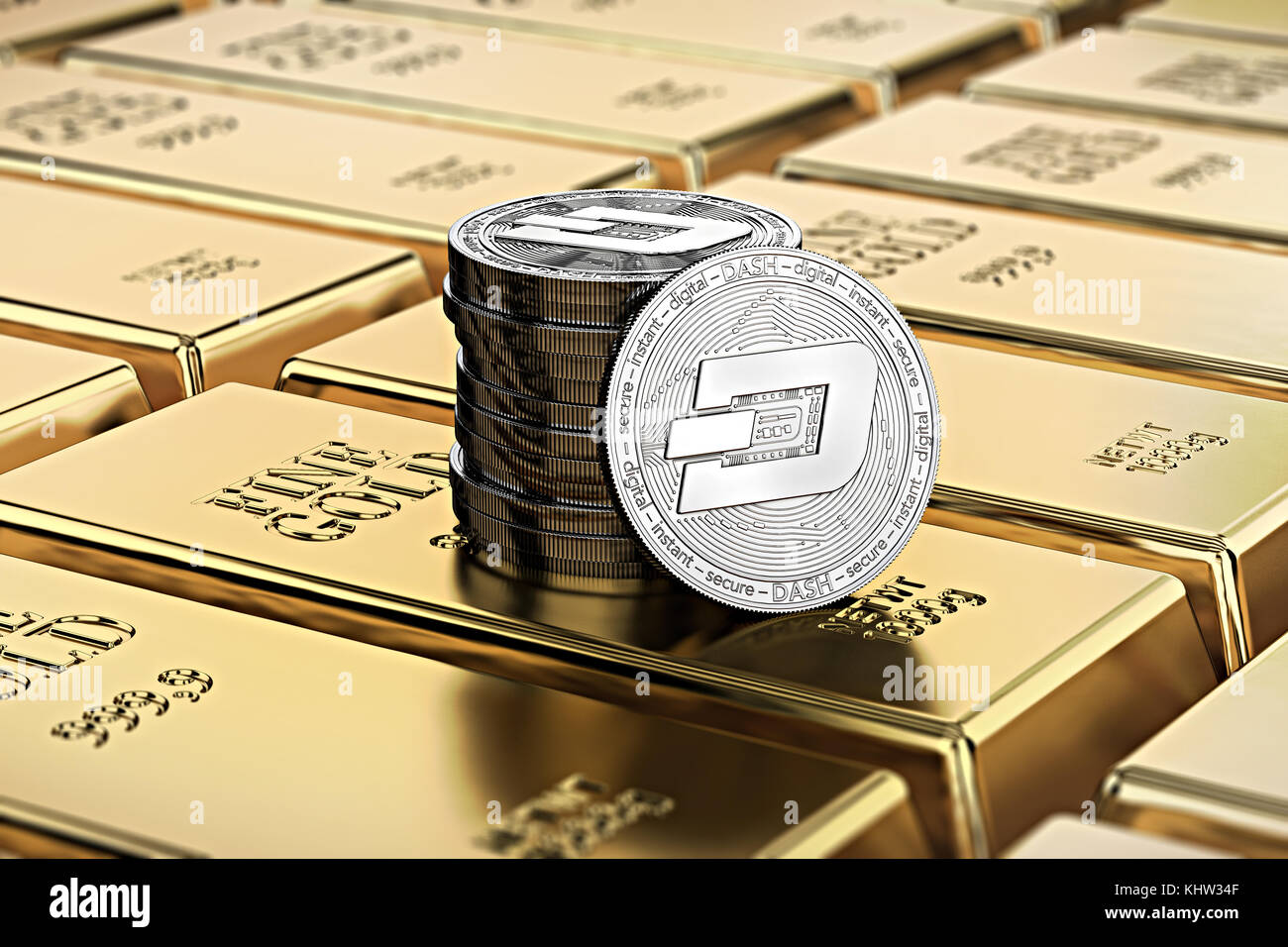 Dash coins laying on stacked gold bars (gold ingots) rendered with ...
