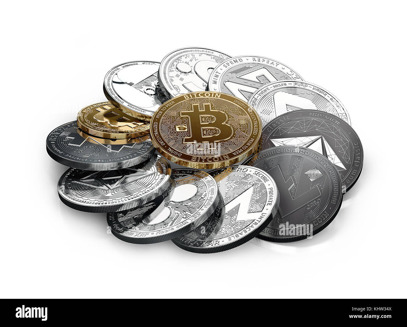 Huge stack of different cryptocurrencies with a golden bitcoin on the ...