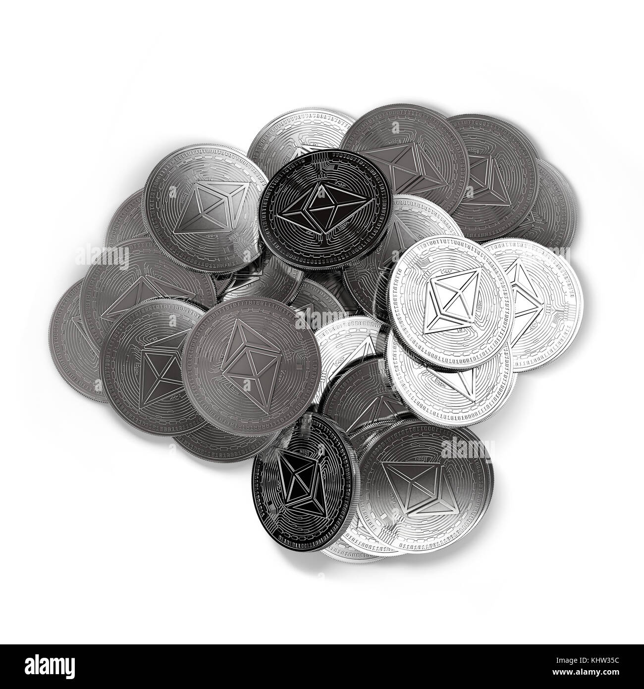 Stack of silver Ethereum coins in the middle isolated on white and copy ...