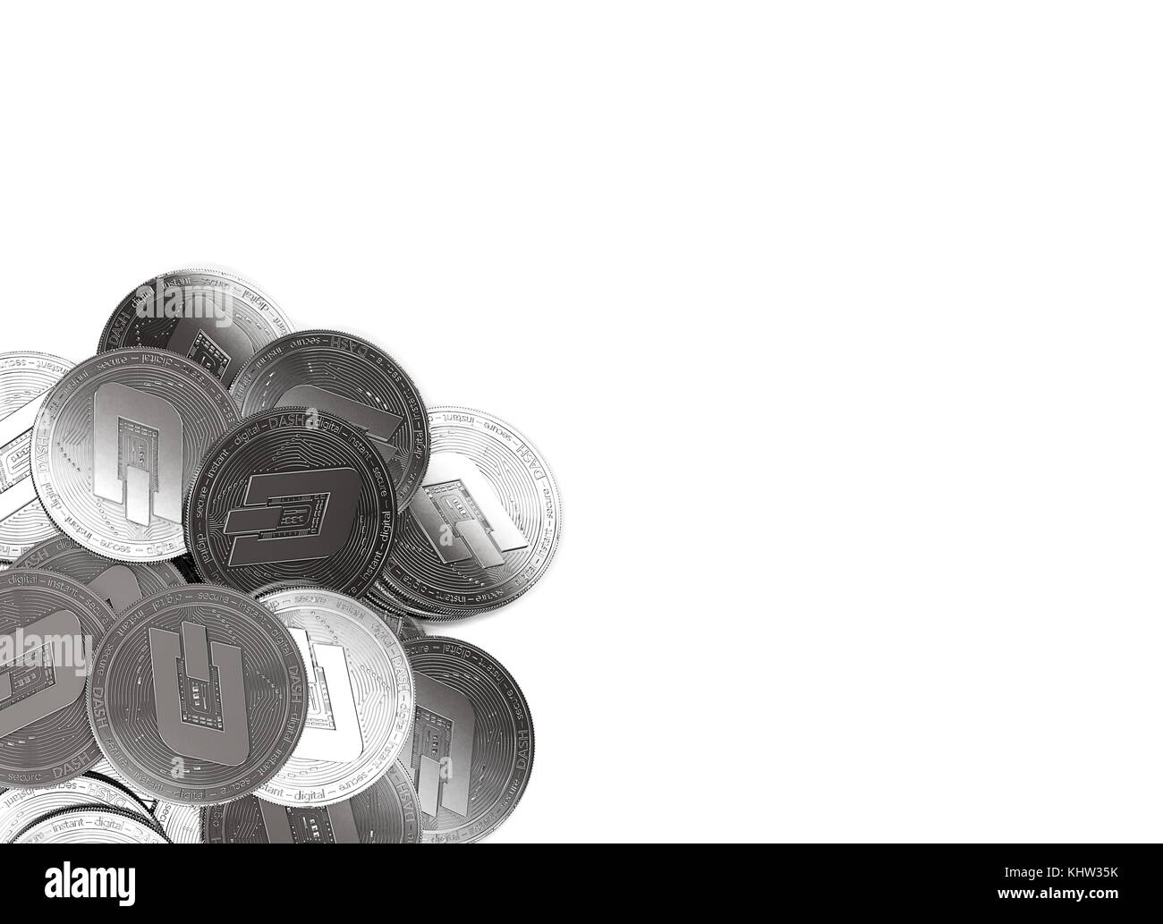 Stack of silver Dash coins in bottom-left corner isolated on white and ...