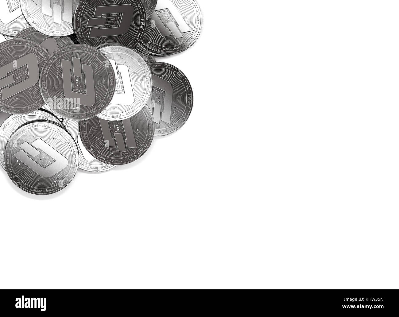 Stack of silver Dash coins in top-left corner isolated on white and ...