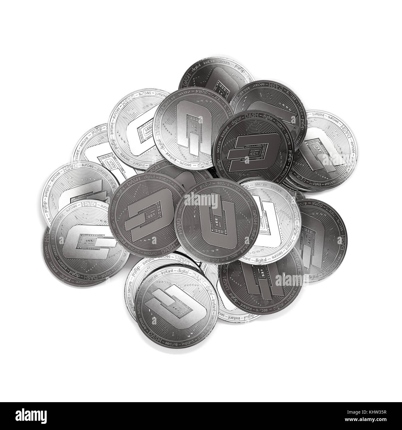 Stack of silver Dashcoins in the middle isolated on white and copy ...
