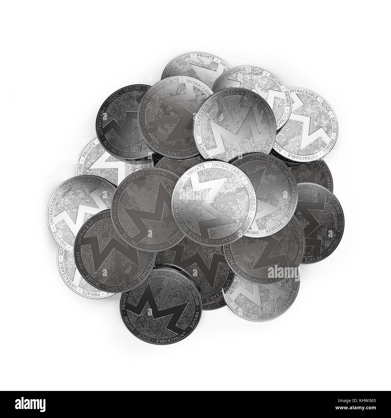 Stack of silver Monero coins in the middle isolated on white and copy ...
