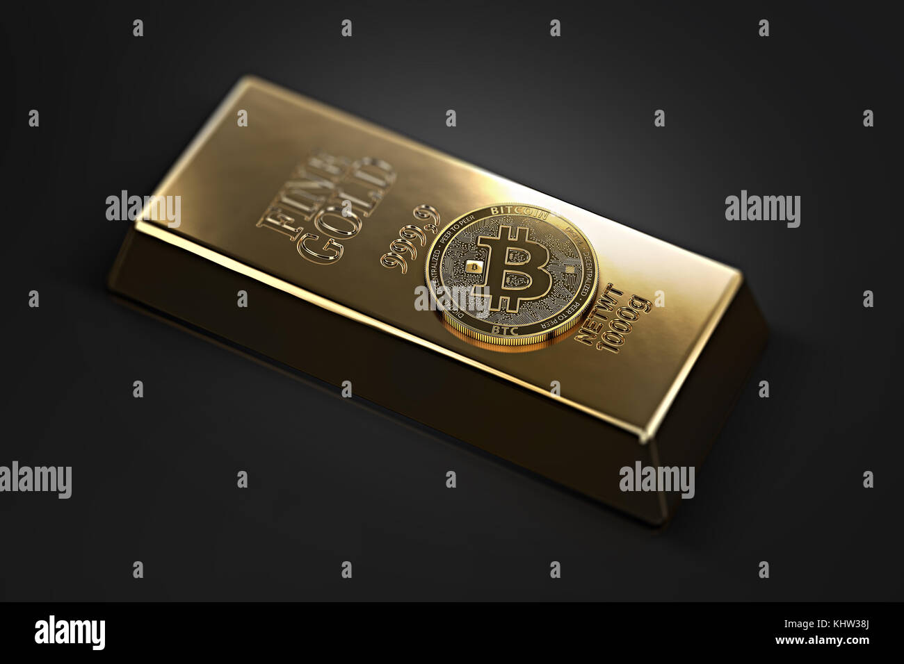 Golden Bitcoin laying on the gold ingot (bullion bar) with copy space ...