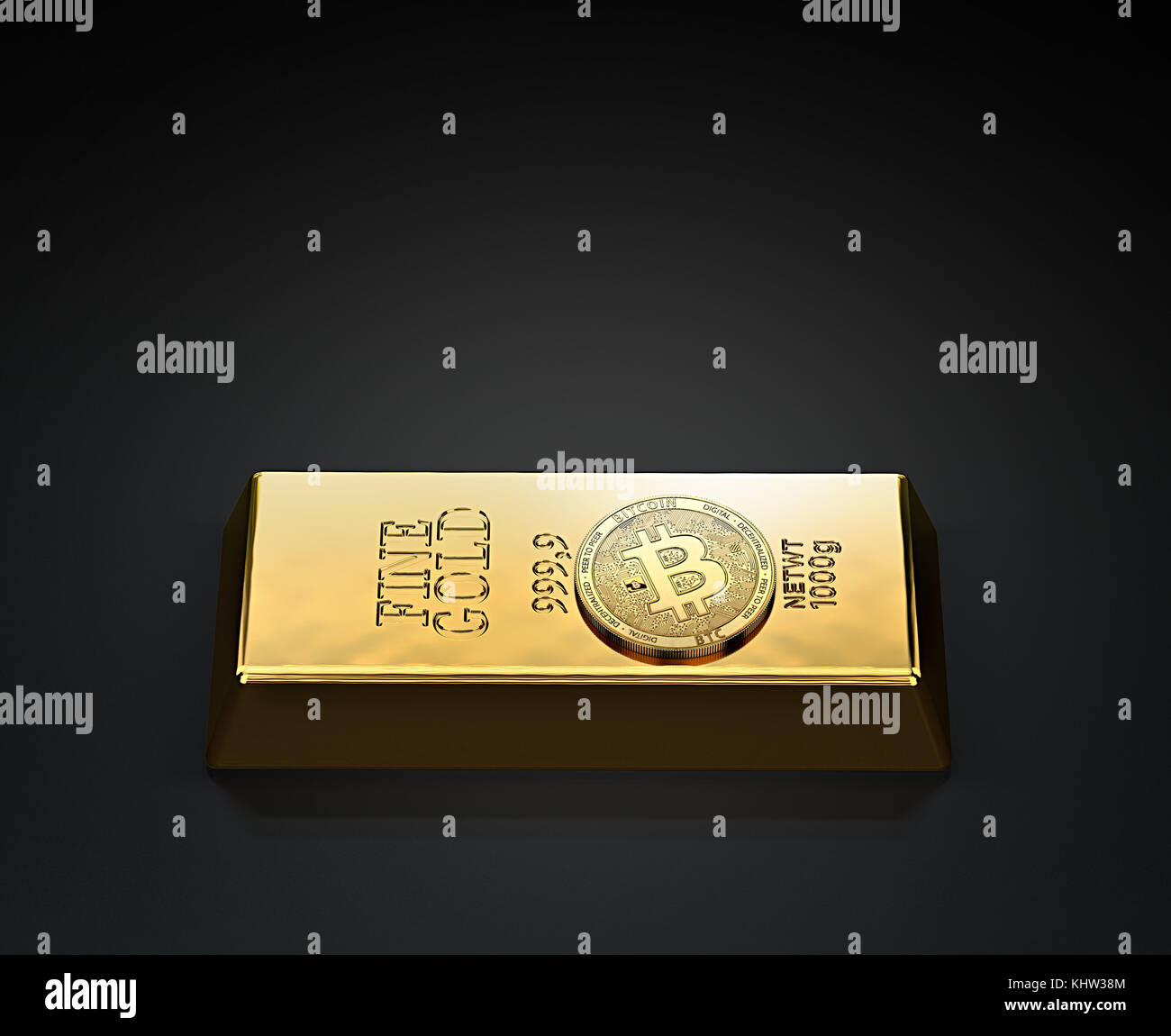Golden Bitcoin laying on the gold ingot (bullion bar) with copy space ...
