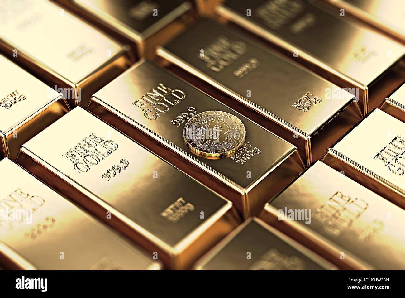 Bitcoin laying on stacked gold bars (gold ingots) rendered with shallow depth of field. Bitcoin ...