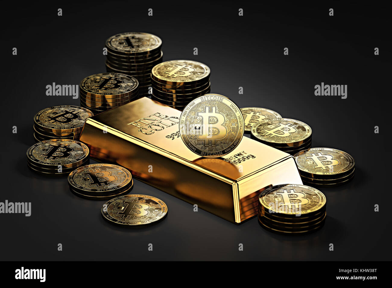 Big stack of Bitcoins and gold bar (gold ingot). Bitcoin as a future ...