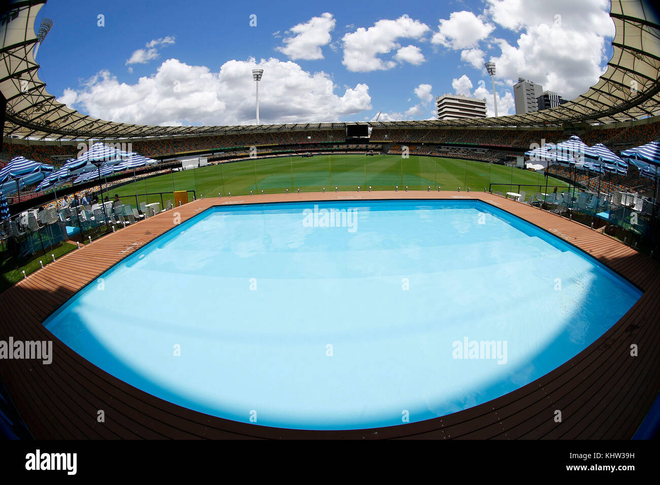 General view of a swimming pool at the edge of the field during the ...
