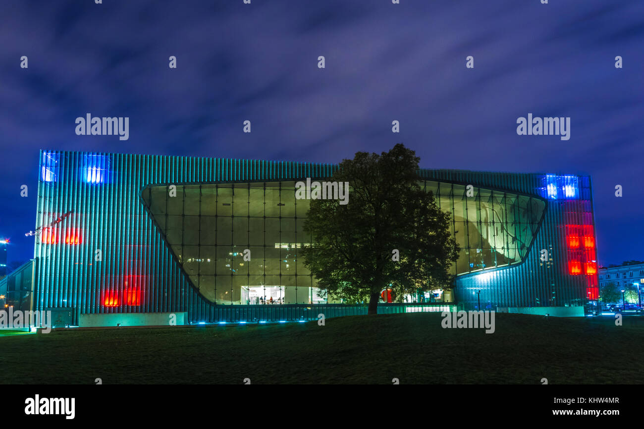 Poland, Warsaw: External night view of the POLIN Museum of the History ...