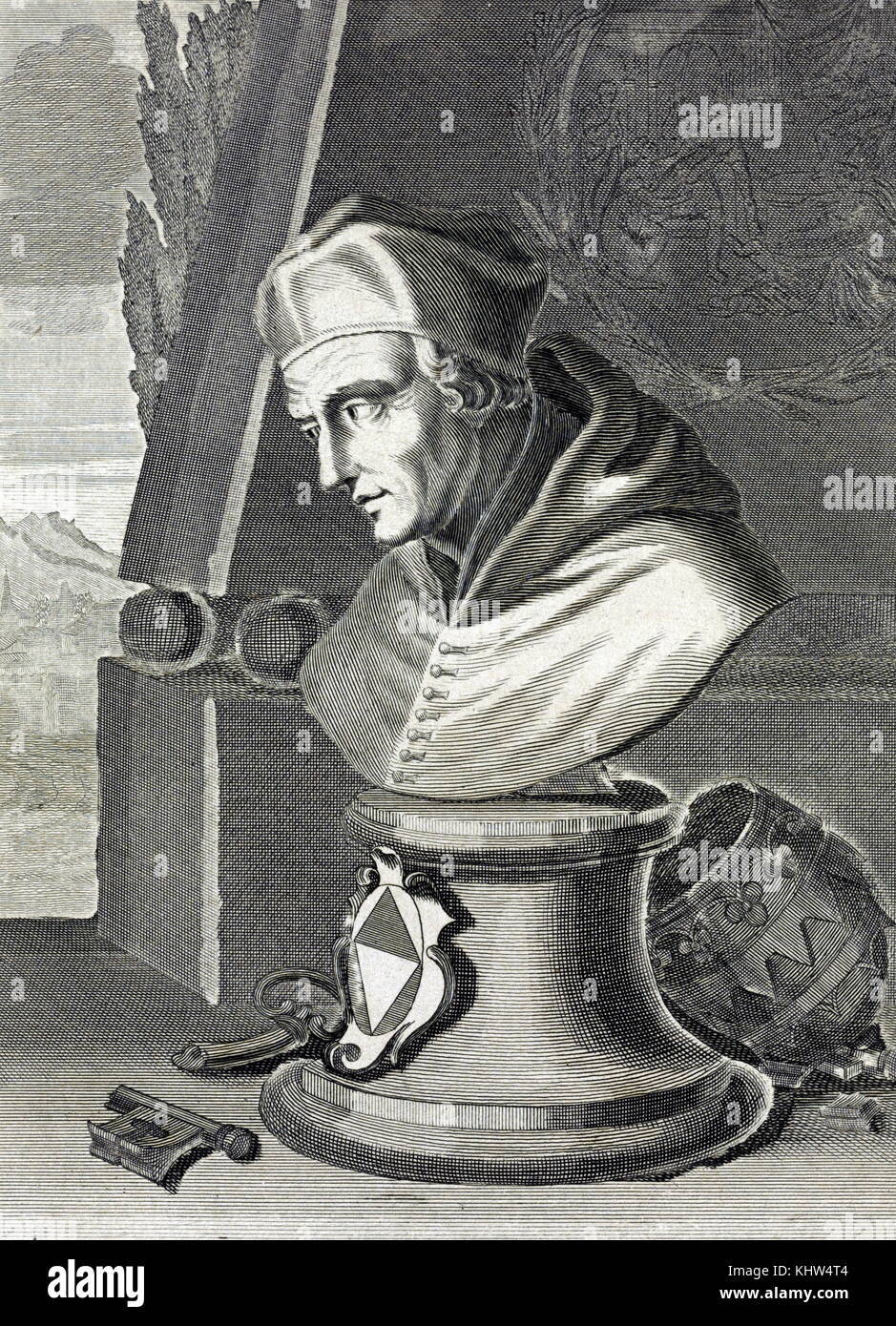 Engraving depicting a bust of Pope Gregorie XII (1326-1417) who was ...