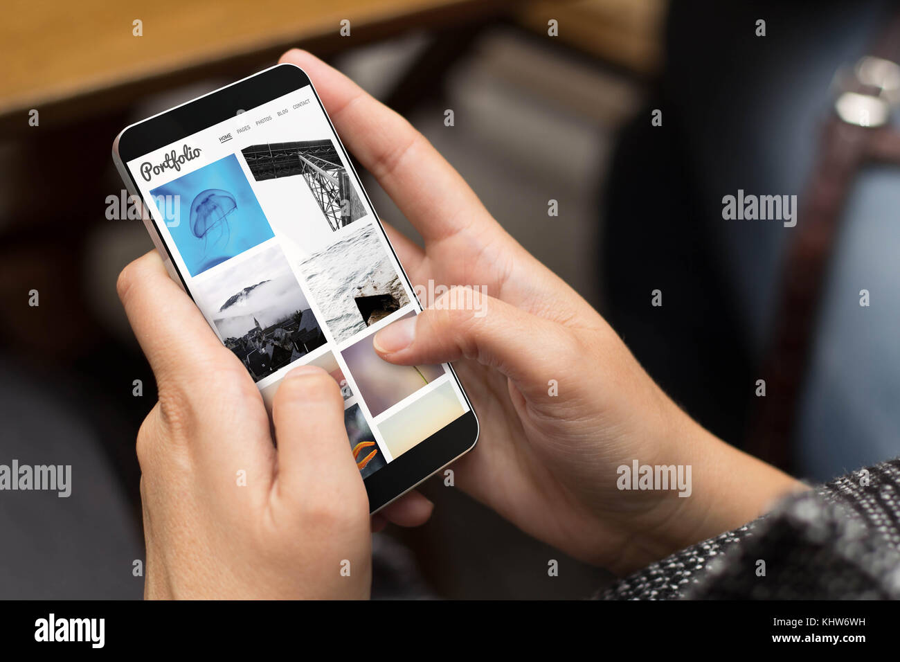 mobile design concept: girl using a digital generated phone with cool ...