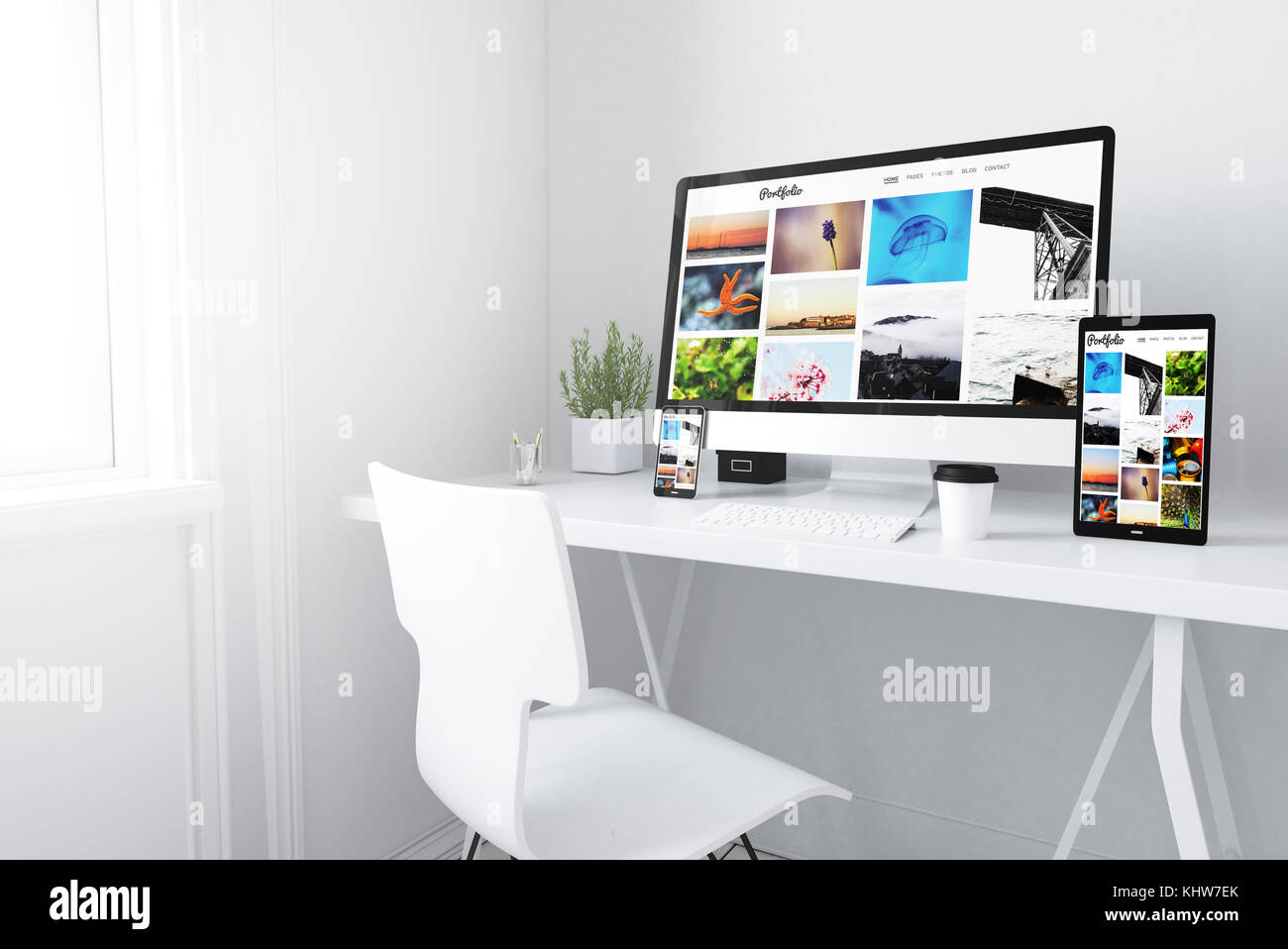 3d rendering of devices on desktop. portfolio on screens Stock Photo ...