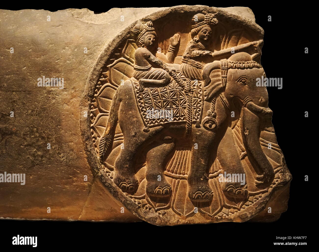 Carved sandstone railing pillar depicting a King on an elephant, from ...